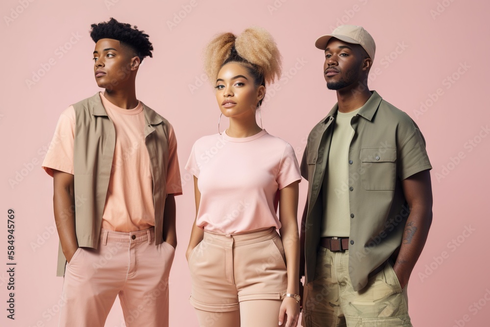 Three People Standing Next To Each Other In Front Of A Pink Background ...
