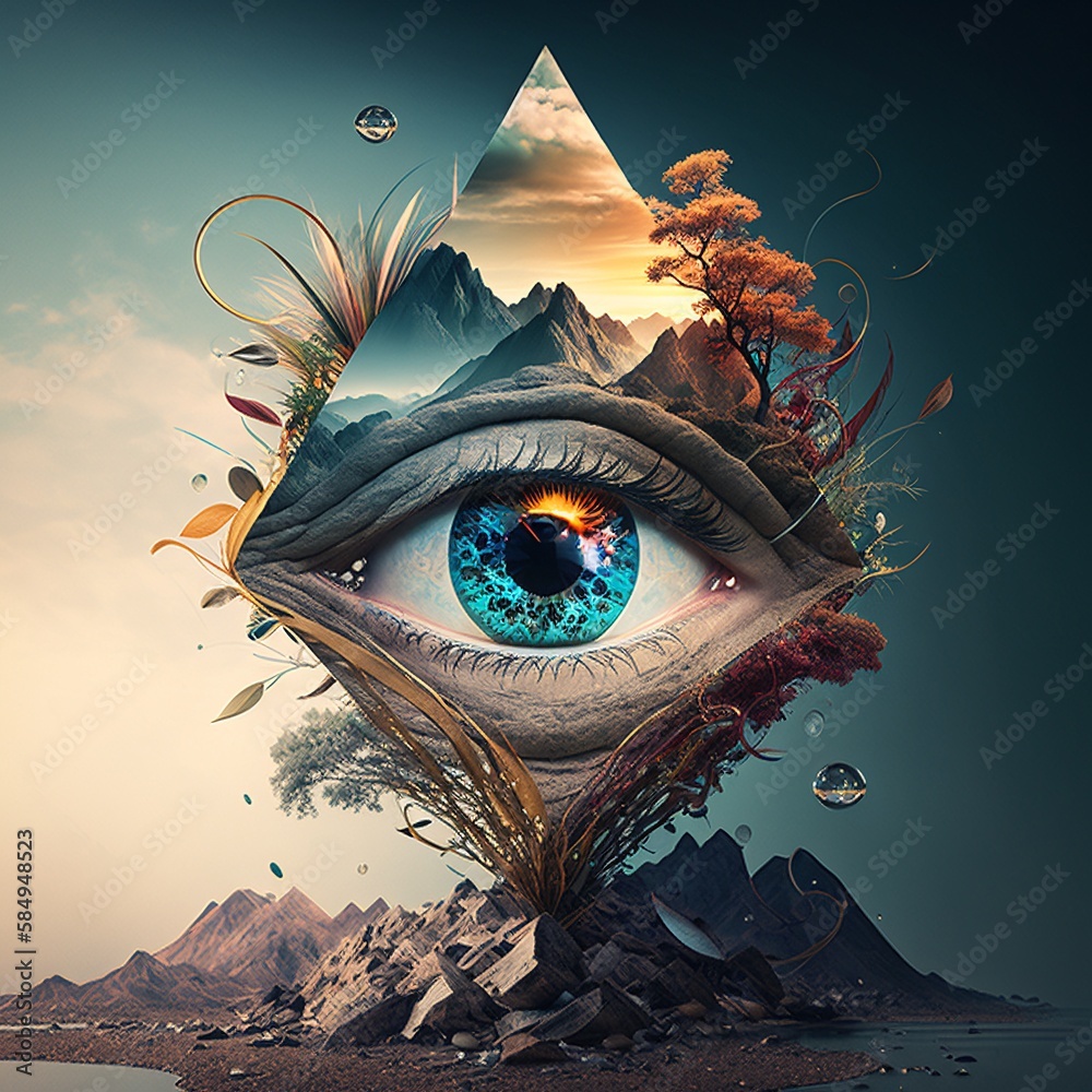 Photo Collage Style Symbolic Image of Eye and Pyramid with Rocks ...