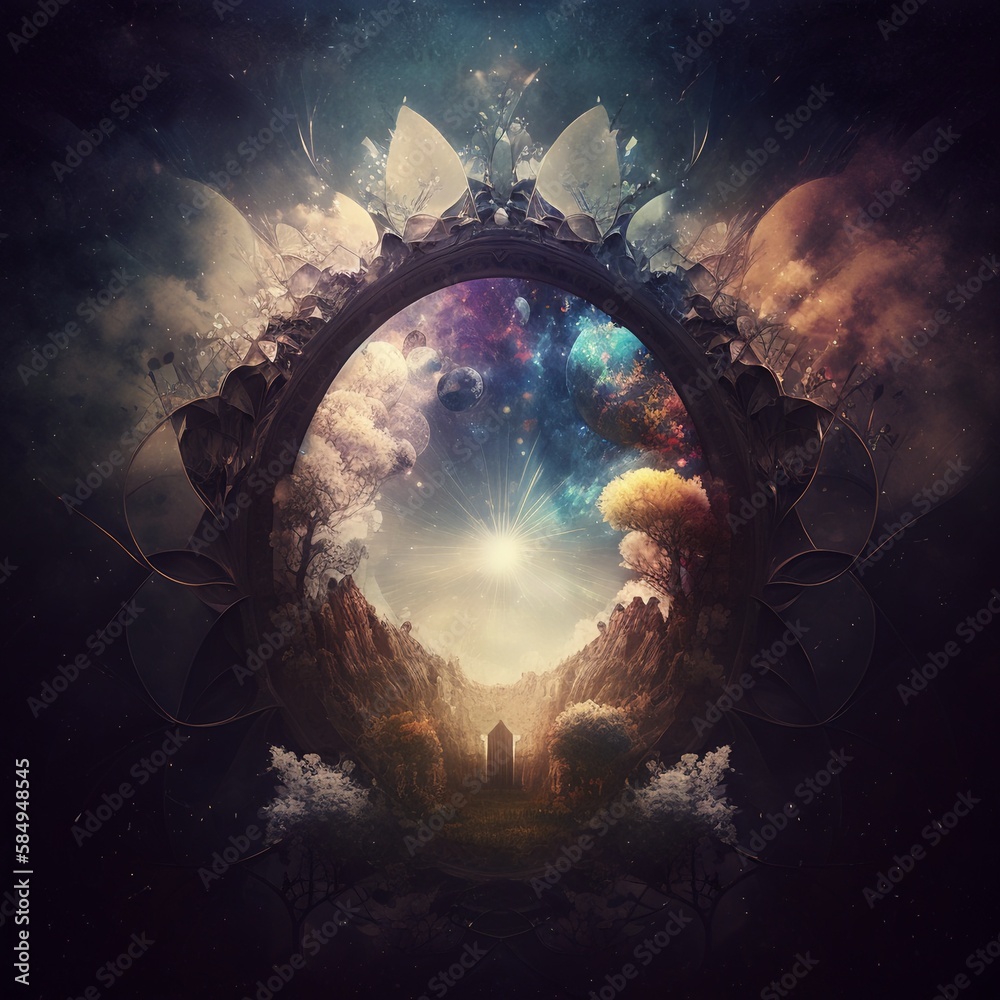 Collage Style Illustration of a Portal in Space to a Magical Land with ...