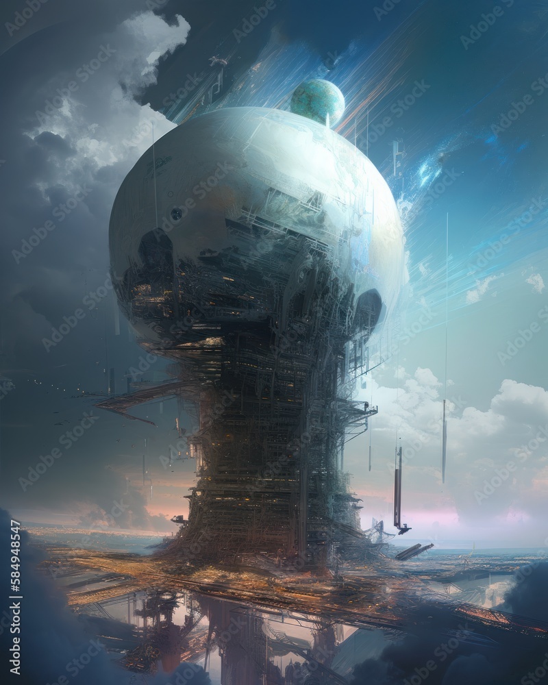 space ship towers architecture foggy orb large white building dome sky ...