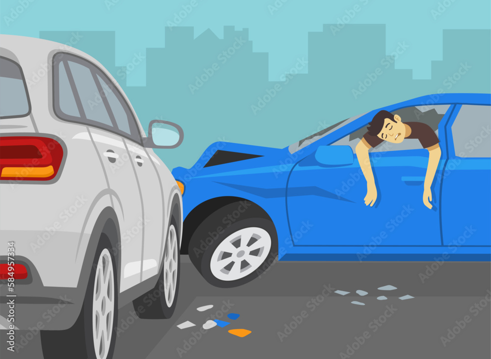 Road accident death scene. Male driver killed after colliding with ...