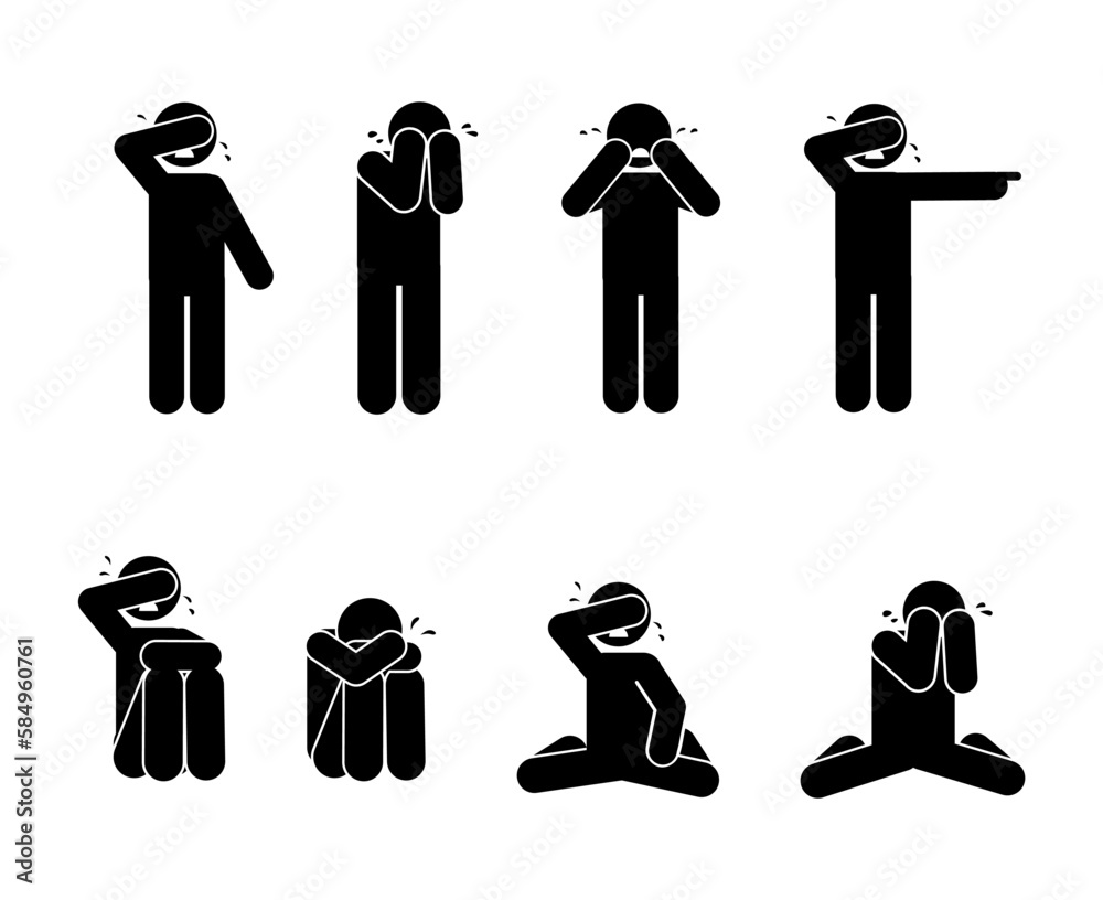 man crying icon over white background, silhouette style, vector ...
