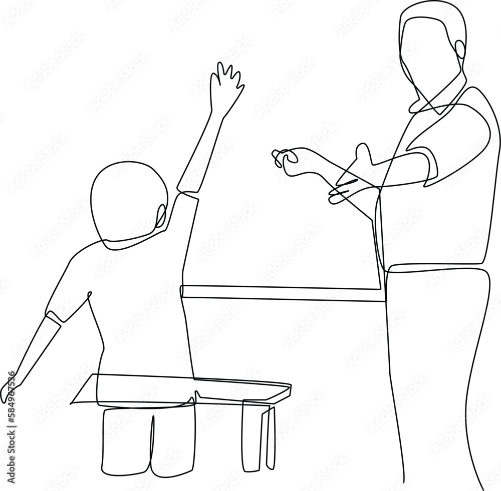 Single one-line drawing the teacher appoints students to answer the ...