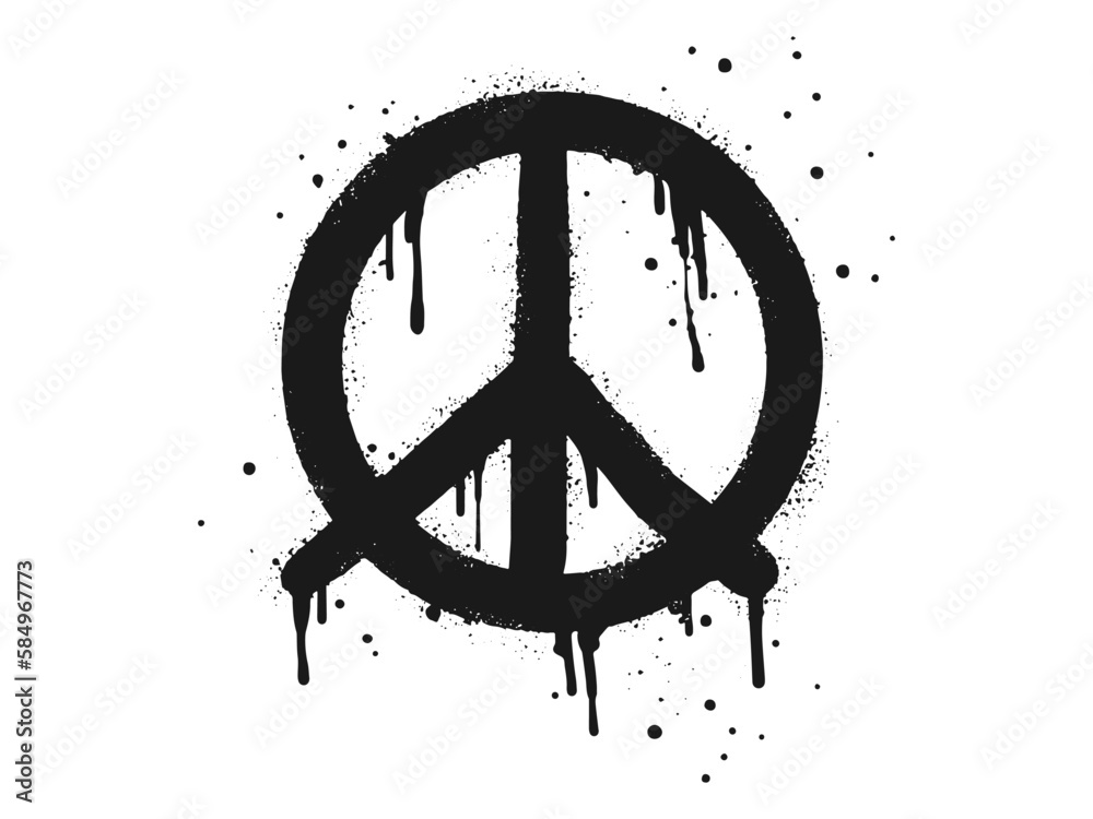 Spray painted graffiti Peace sign. on black over white. peaceful drip ...