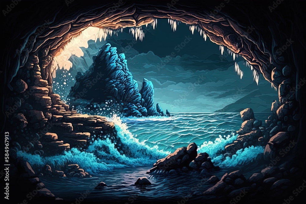 Salty seawater seeping through the cracks in the rock Generative AI ...