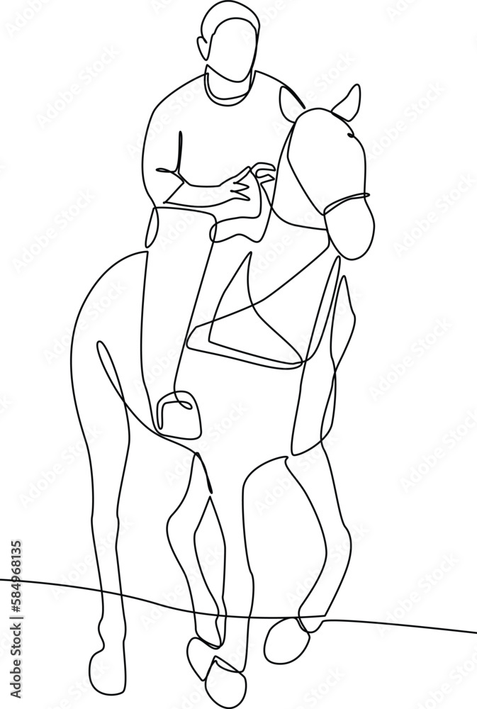 Continuous one-line drawing of a man riding a horse in the village ...