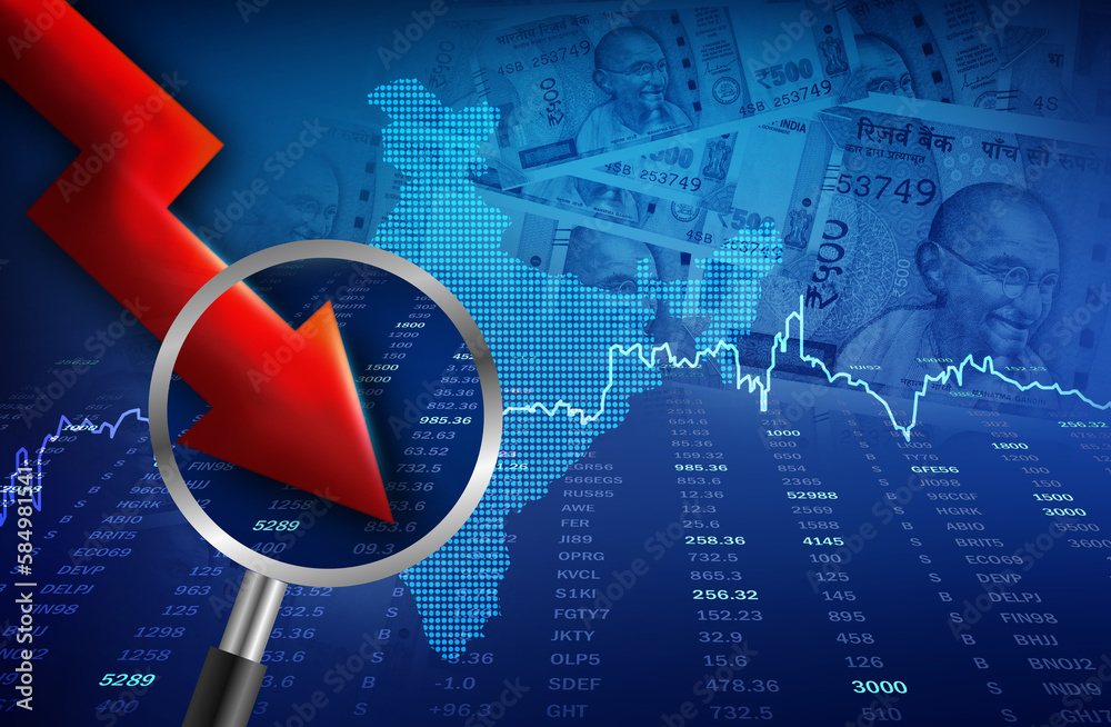 Indian economy downfall concept. stock market loss. down arrow ...