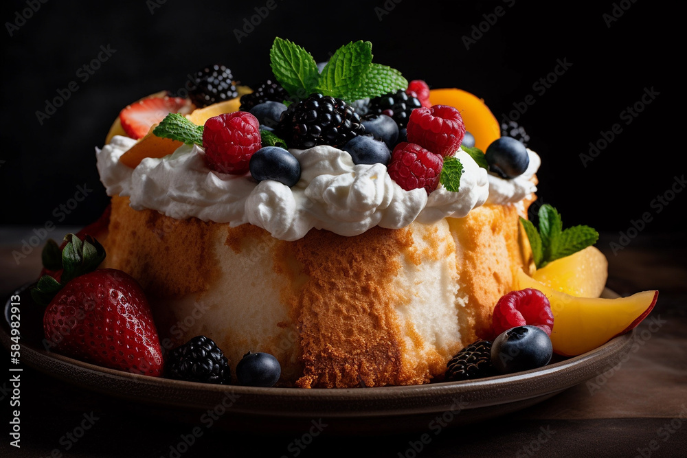 Angel food cake with fresh fruit, berries and whipped cream. AI ...