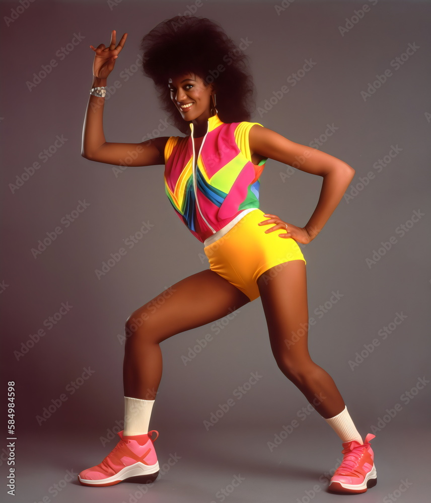 80s portrait of woman doing aerobics pose with studio backdrop, made ...