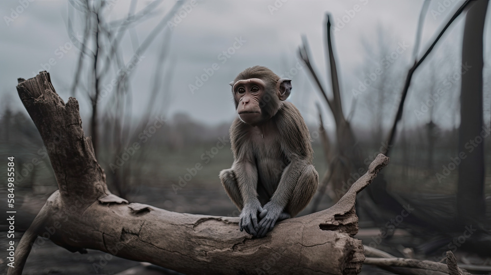 A lone sad monkey sitting in a destroyed forest - Concepts of habitat ...