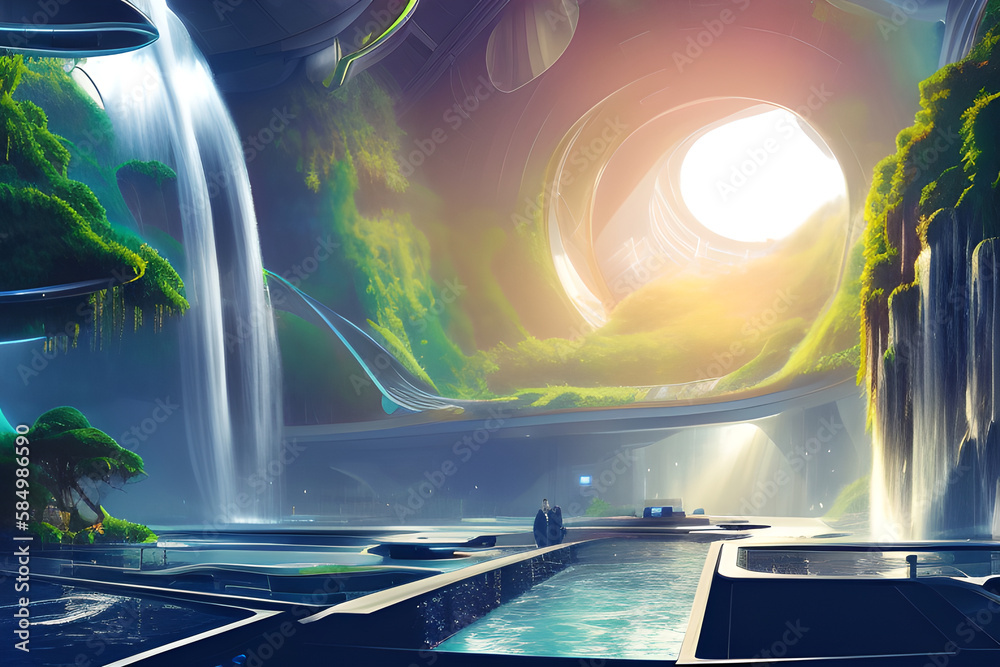 futuristic shopping mall with waterfalls inside a space station with ...