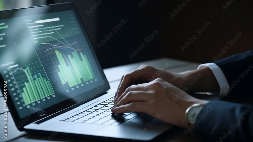 Man counting financial data at a modern office. Computer screens on a ...