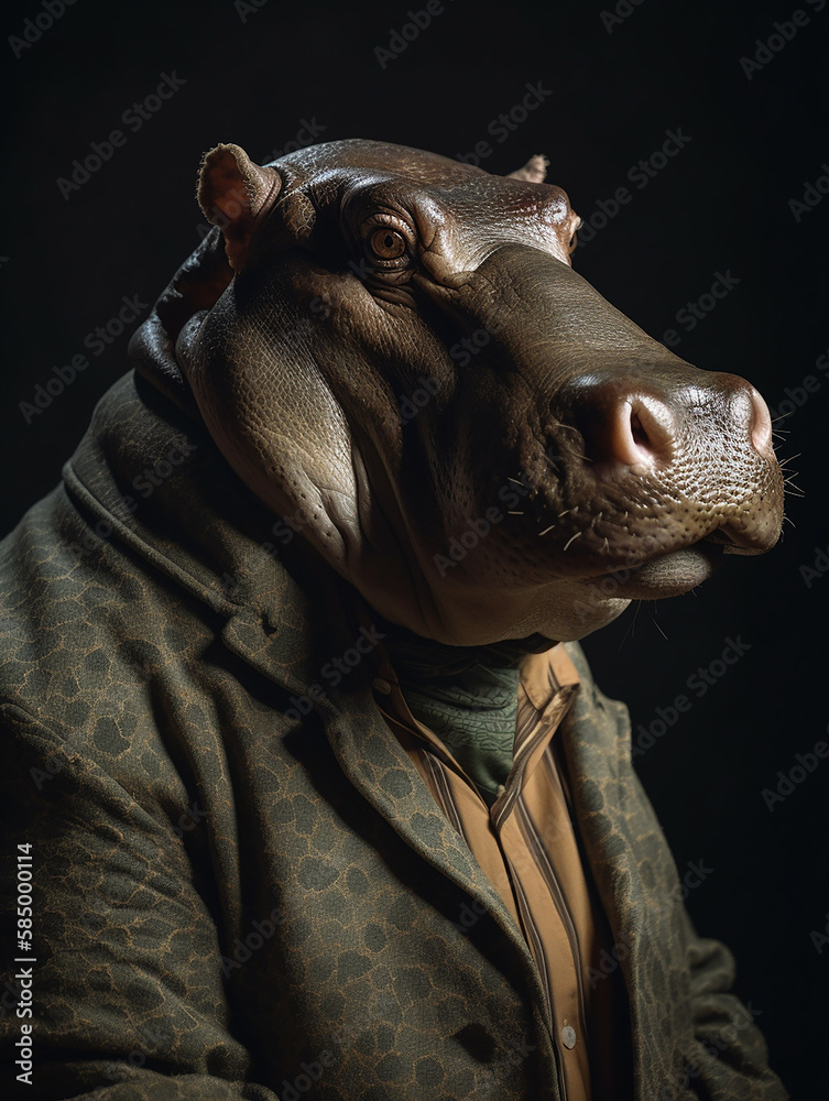 AI generated portrait of animal - a Hippopotamus in a suit Stock ...