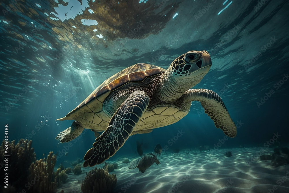 Sea turtle swims under water tro with generative AI technology Stock ...