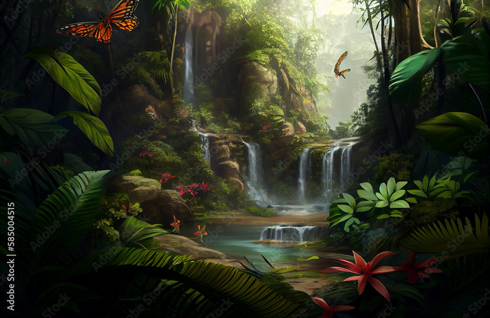 Beautiful nature scene of forest, butterflies in a natural jungle ...