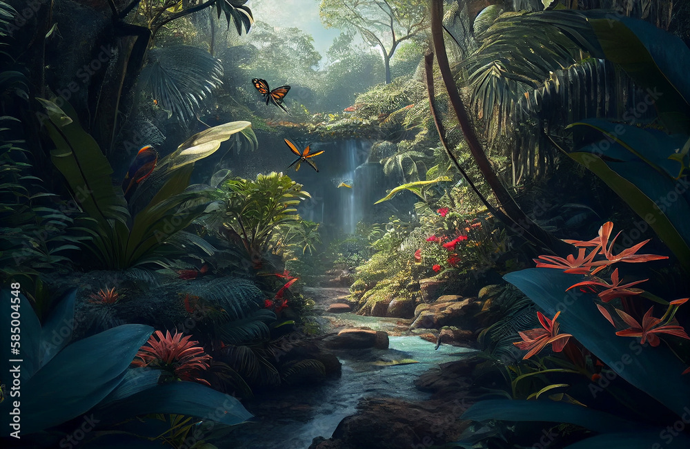 Beautiful nature scene of forest, butterflies in a natural jungle ...