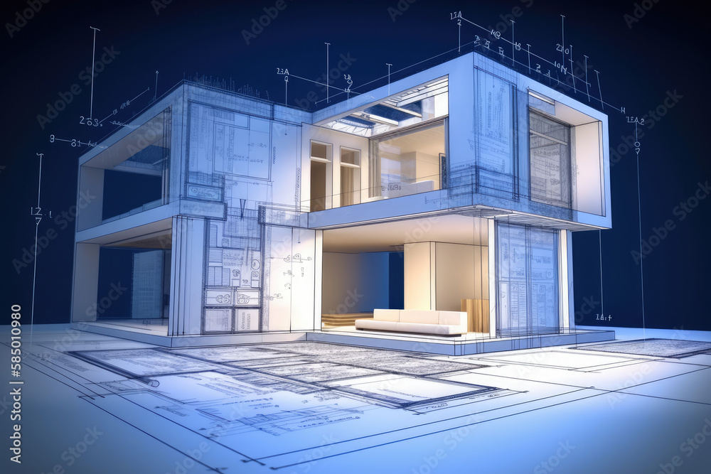 Plan et rendu d'ensemble 3D d'un bâtiment moderne et design, projet d ...