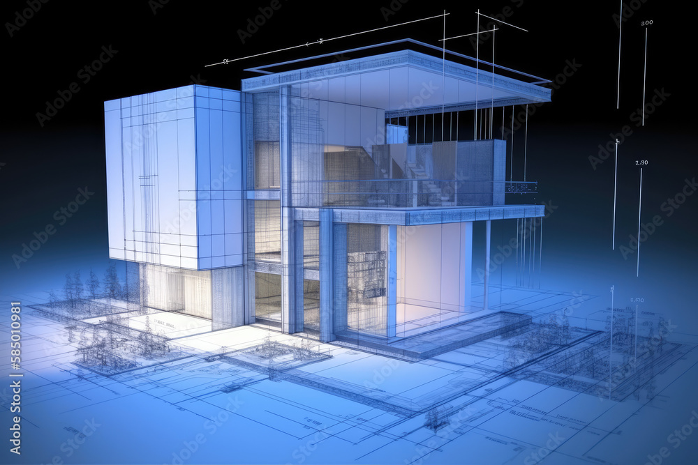Plan et rendu d'ensemble 3D d'un bâtiment moderne et design, projet d ...