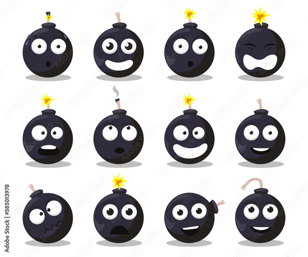 Cartoon bomb emotions set. Doodle explosive round weapon mascot with ...