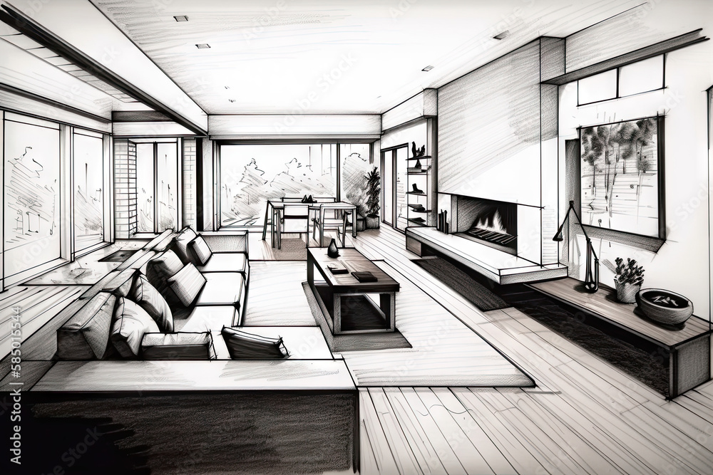 Dessin d'architecture pour le projet d’aménagement intérieur d'un salon ...