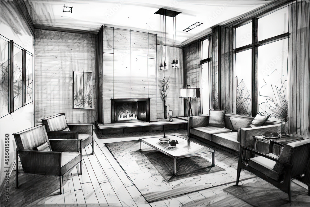 Dessin d'architecture pour le projet d’aménagement intérieur d'un salon ...