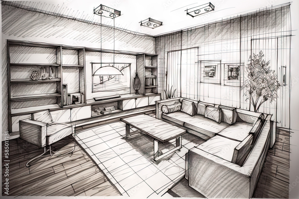 Dessin d'architecture pour le projet d’aménagement intérieur d'un salon ... Dessin d'architecture pour le projet d’aménagement intérieur d'un salon ...