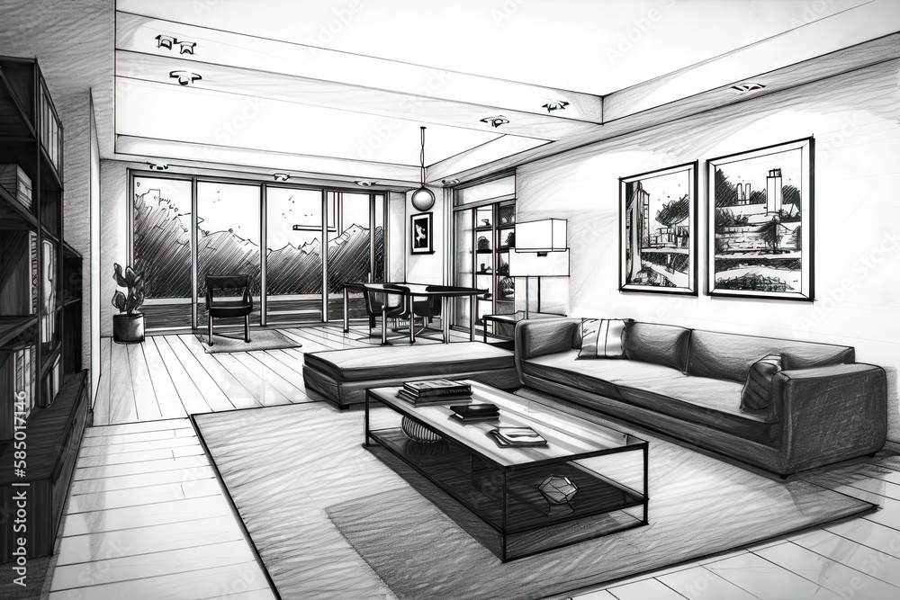 Dessin d'architecture pour le projet d’aménagement intérieur d'un salon ...