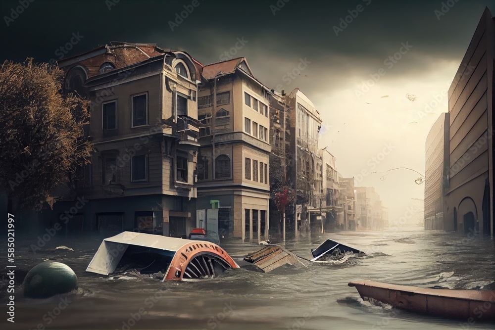 flood in city due to drought and flood consequences, created with ...