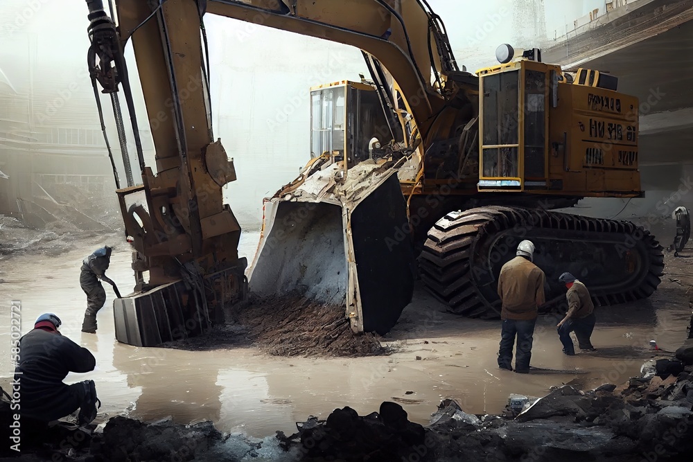 Photo & Art Print construction site and people dismantling flooded ...