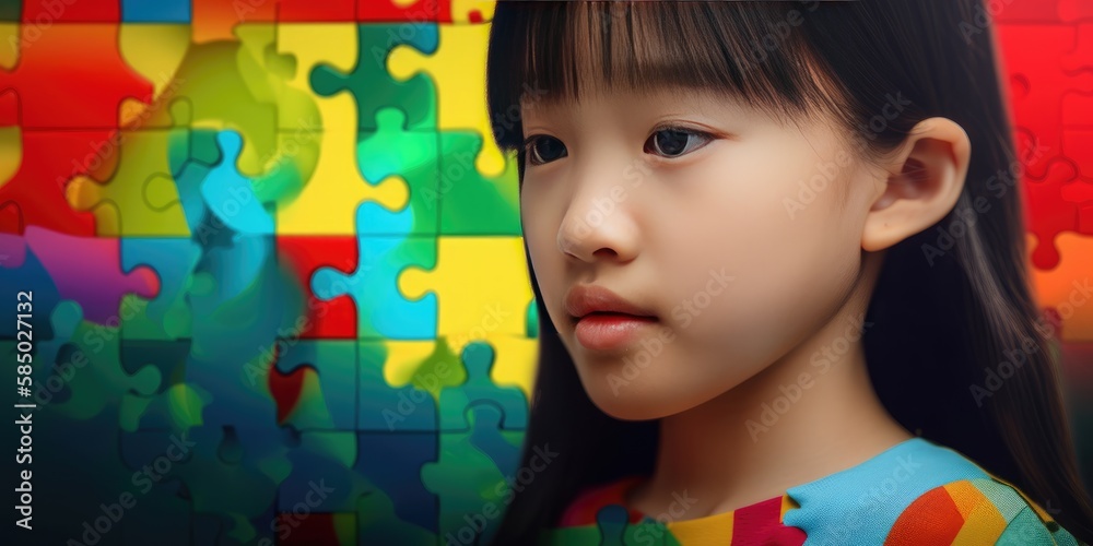 Fictional AI autistic asian girl child with puzzles. Public awareness ...