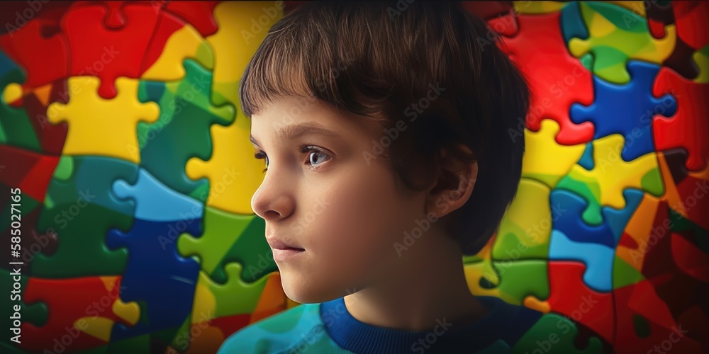 ภาพประกอบสต็อก Fictional AI autistic boy child with puzzles. Public ...