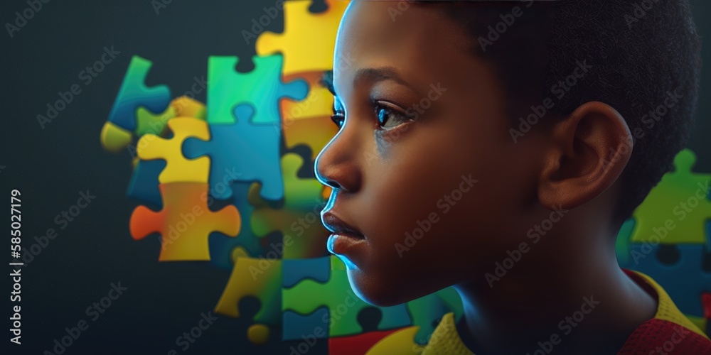 Fictional AI autistic black boy child with puzzles. Public awareness ...