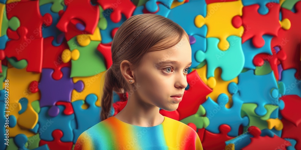 Fictional AI autistic girl child with puzzles. Autism Awareness Month ...
