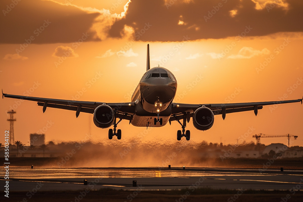 Airplane taking off or landing from the runaway in the sunset . Golden ...
