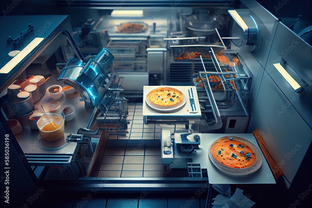 food factory, with robotic arms preparing meals in a sterile ...