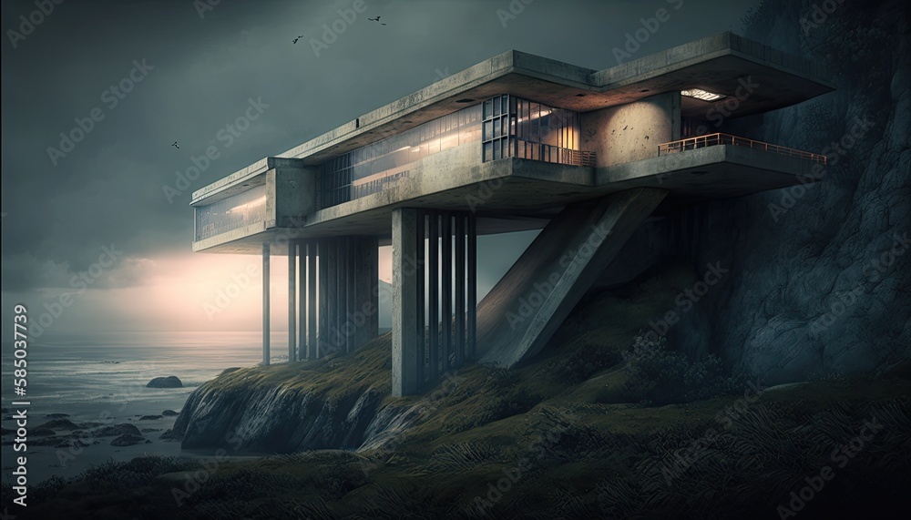 Modern house with long span concrete structure cantilevered over a ...