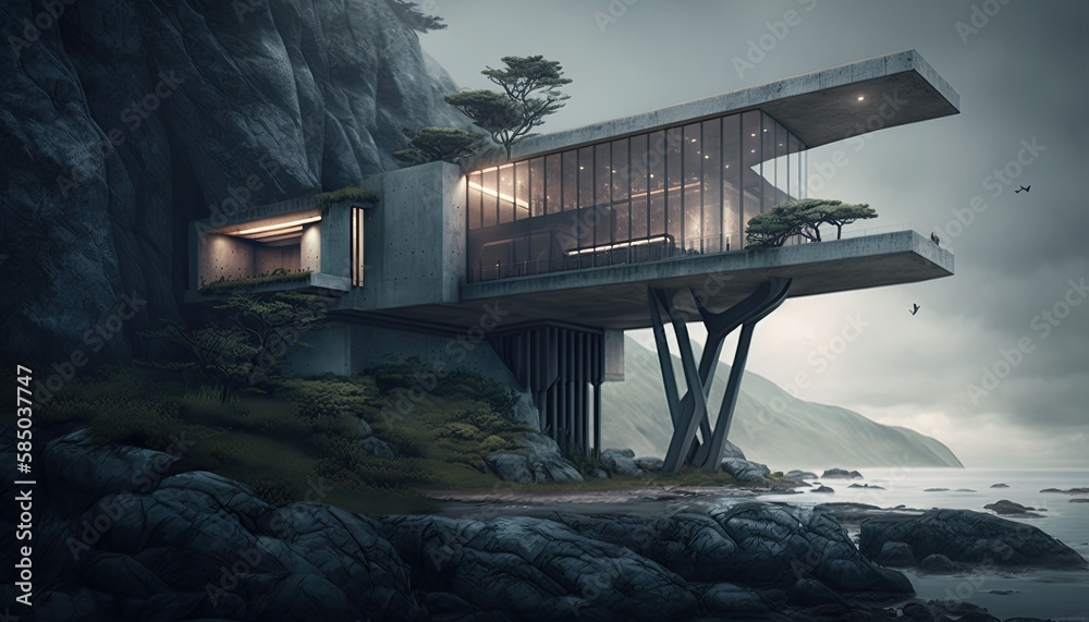 Modern house with long span concrete structure cantilevered over a ...