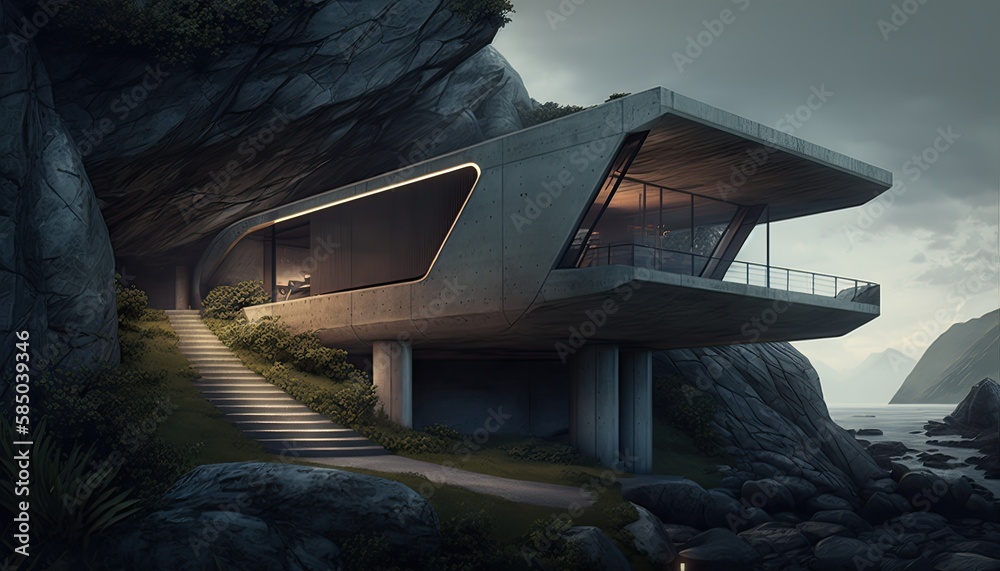 Modern house with long span concrete structure cantilevered over a ...