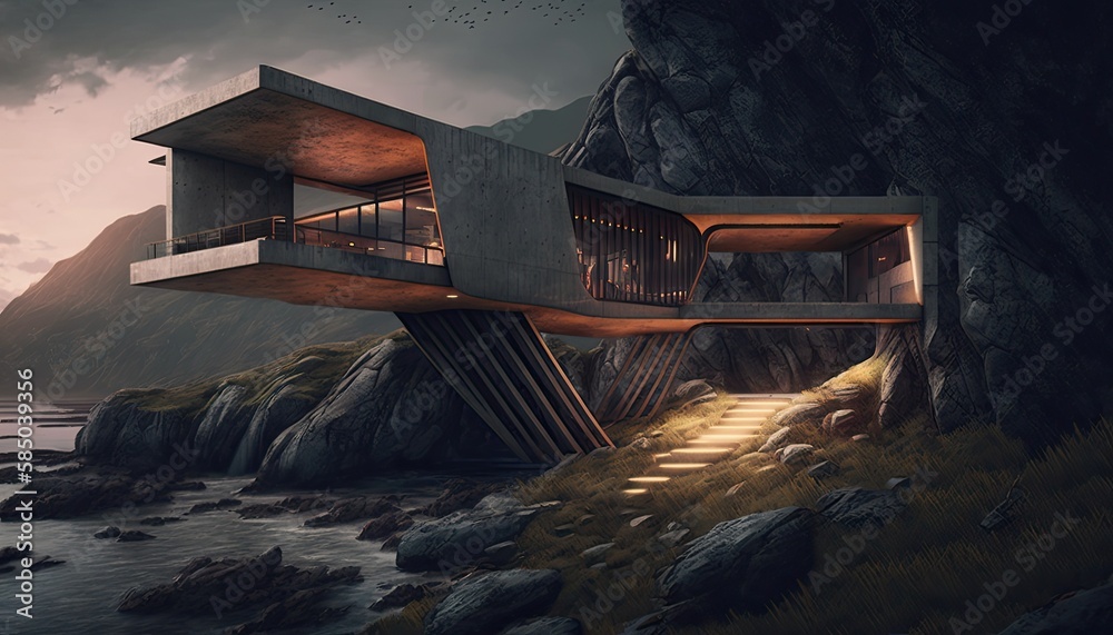 Modern house with long span concrete structure cantilevered over a ...