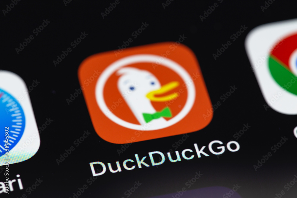 DuckDuckGo icon app on the screen smartphone iPhone closeup. DuckDuckGo ...