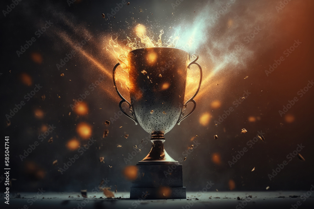 Golden champion trophy cup winner on blur bokeh dark lights background ...