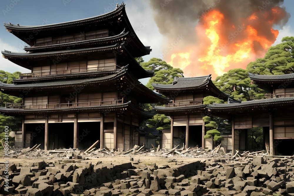 war zone destroy collapse abandon building at japan , generative art by ...