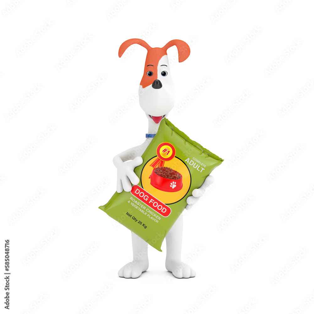Cartoon Cute Dog Holding with Dog Food Bag Package Design. 3d Rendering ...