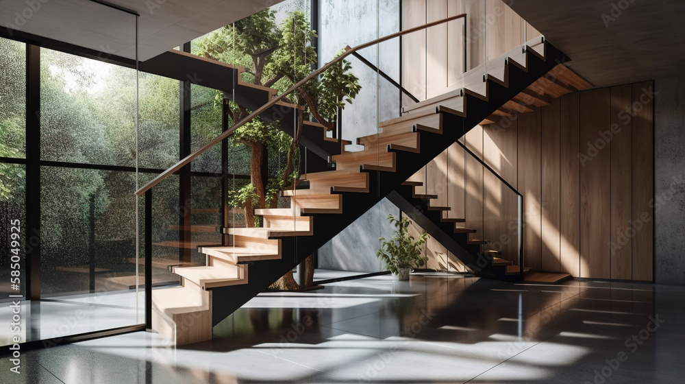 Modern, elegant L shape wood cantilever stair with black granite base ...