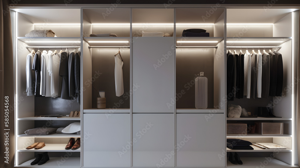 frontal view, built in white wardrobe unit, LED backlight, folded ...
