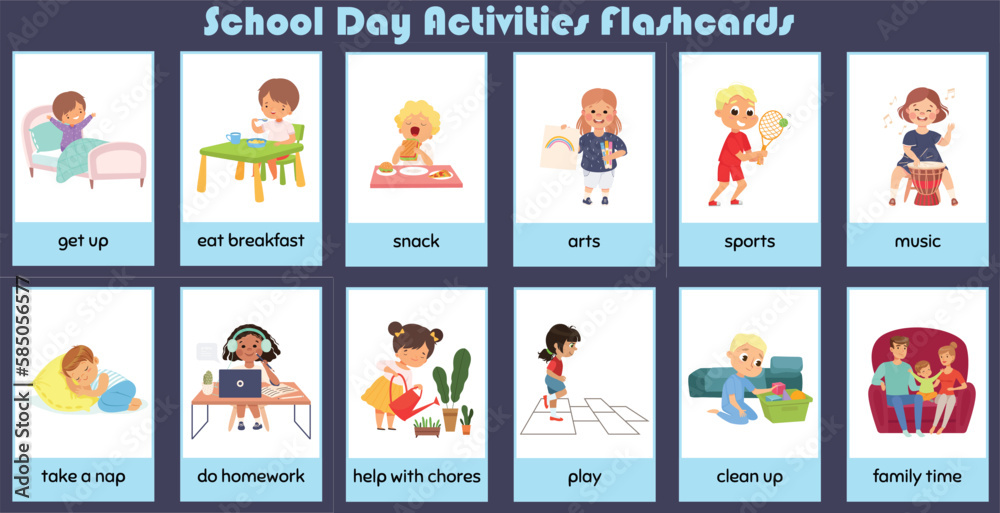 School Day Activities Flashcards, Kids learning Content, Kids learning ...