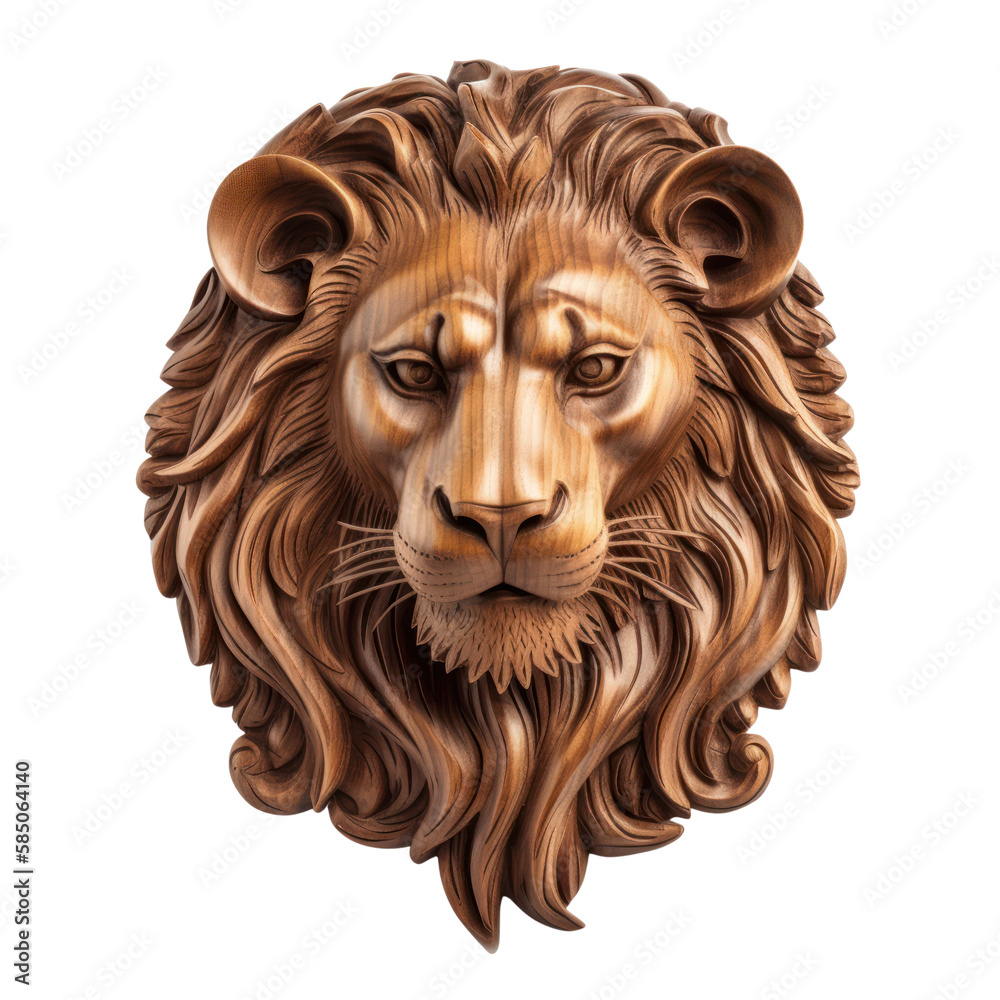 Mahogany wooden lion head trophy, isolated on white, wall hanging ...