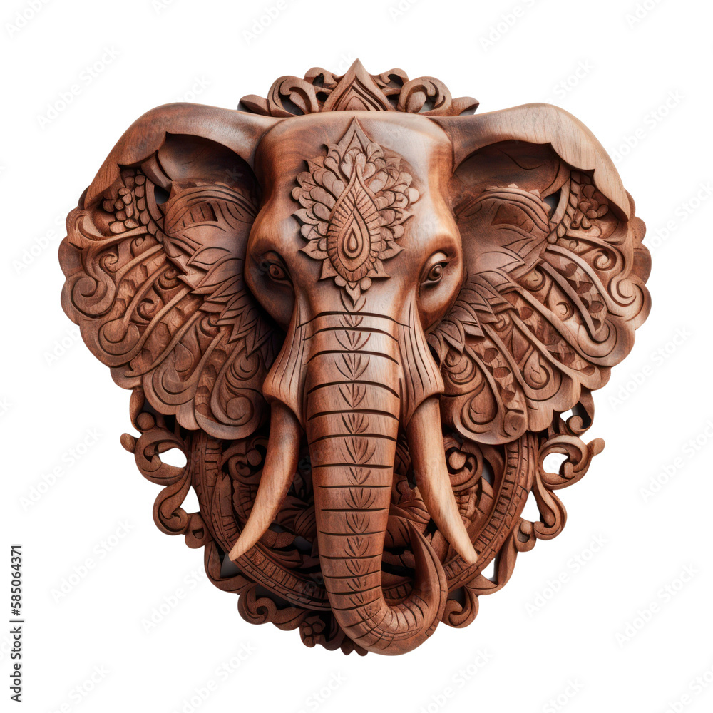 Mahogany wooden elephant head trophy, isolated on white, wall hanging ...