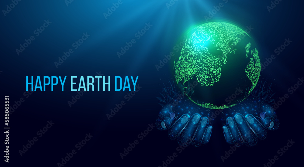 Happy Earth Day concept. Two human hands are holds Planet Earth ...