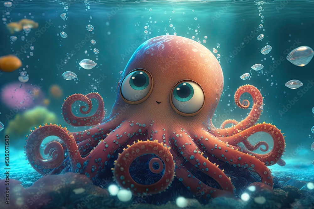 Cute Cartoon Octopus Character Underwater in the Ocean (Generative AI ...
